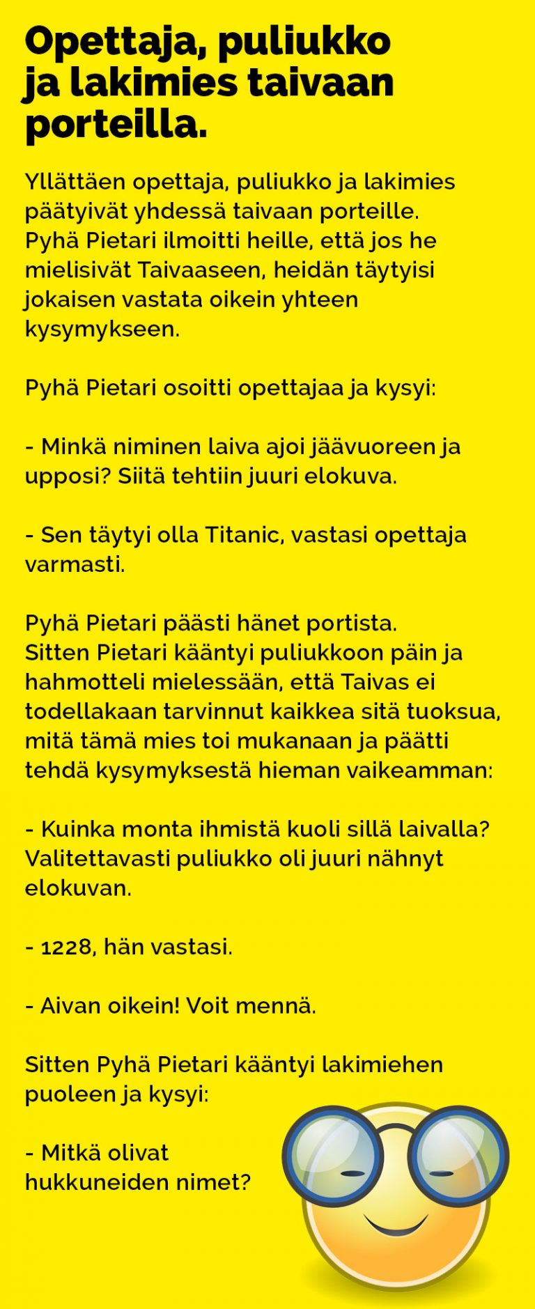 Vitsit: Opettaja, puliukko ja lakimies taivaan porteilla - Kohokohta.com